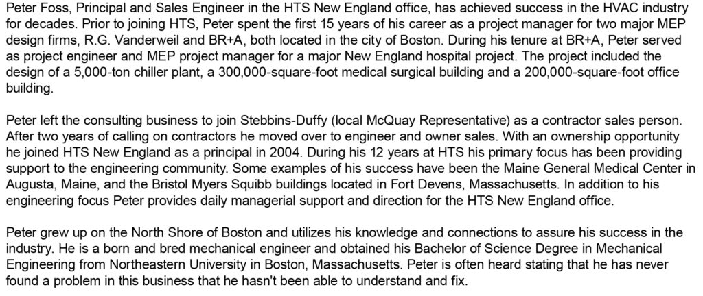Peter Foss - HTS | Commercial & Industrial HVAC Systems, Parts ...